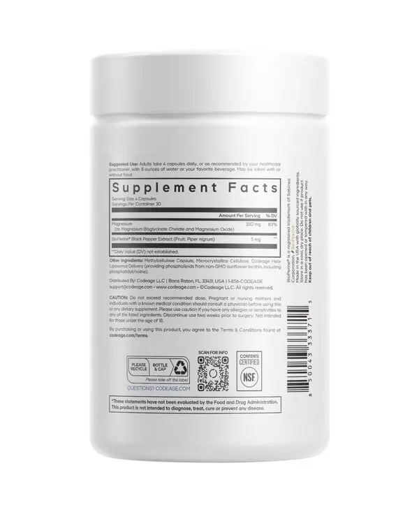 CODEAGE Liposomal Magnesium Glycinate Supplement Magnesium Bisglycinate Pills Bioperine Black Pepper Liposomal Delivery - White