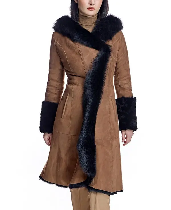 MAXIMILIAN Hooded Shearling Coat - Cognac/black