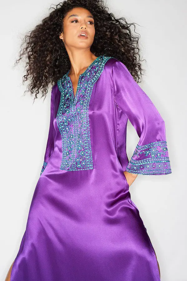 Natori Couture Ysobel Embroidered Silk Caftan - Purple