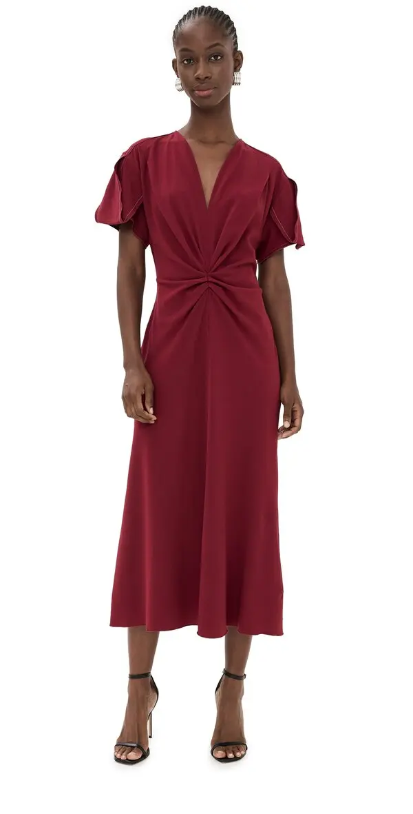 Victoria Beckham Gathered V-Neck Midi Dress In Oxblood - 44