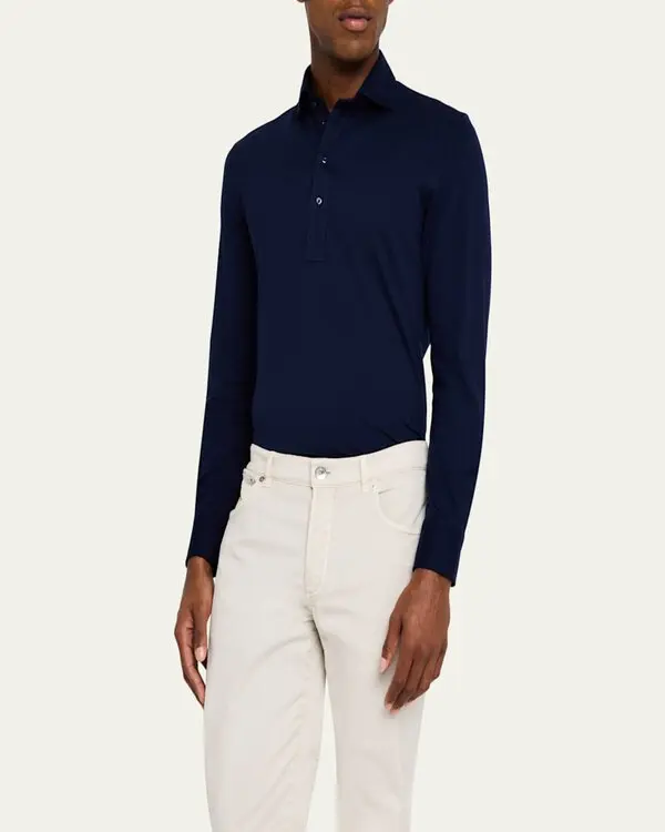 Brunello Cucinelli Long-sleeve Pique Polo Shirt - Navy