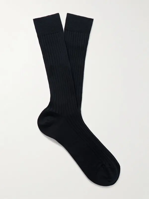Mr P. Ribbed Merino Wool-blend Socks - Blue