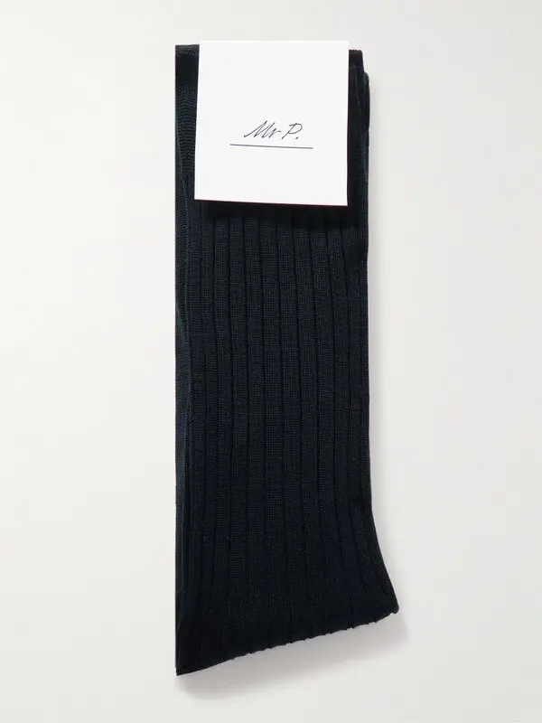 Mr P. Ribbed Merino Wool-blend Socks - Blue