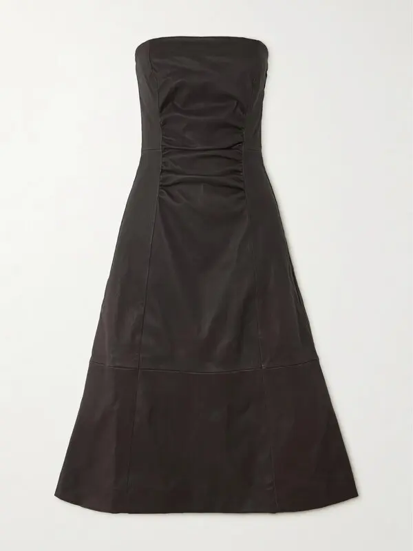Staud Bowery Gathered Leather Midi Dress - Brown