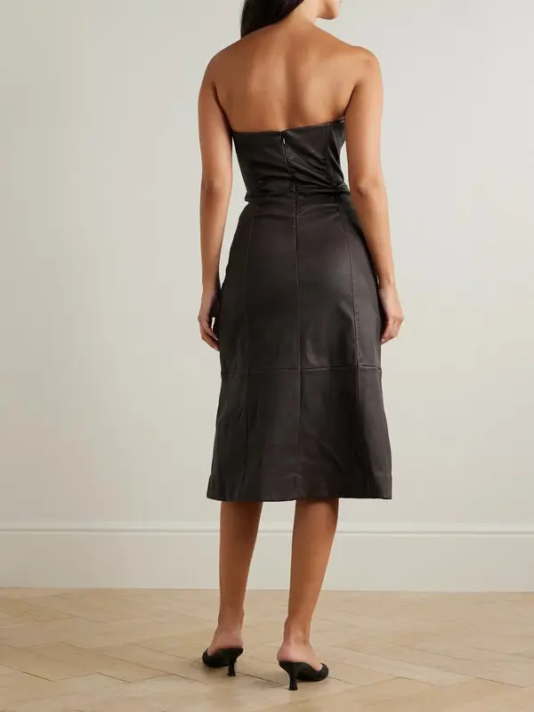 Staud Bowery Gathered Leather Midi Dress