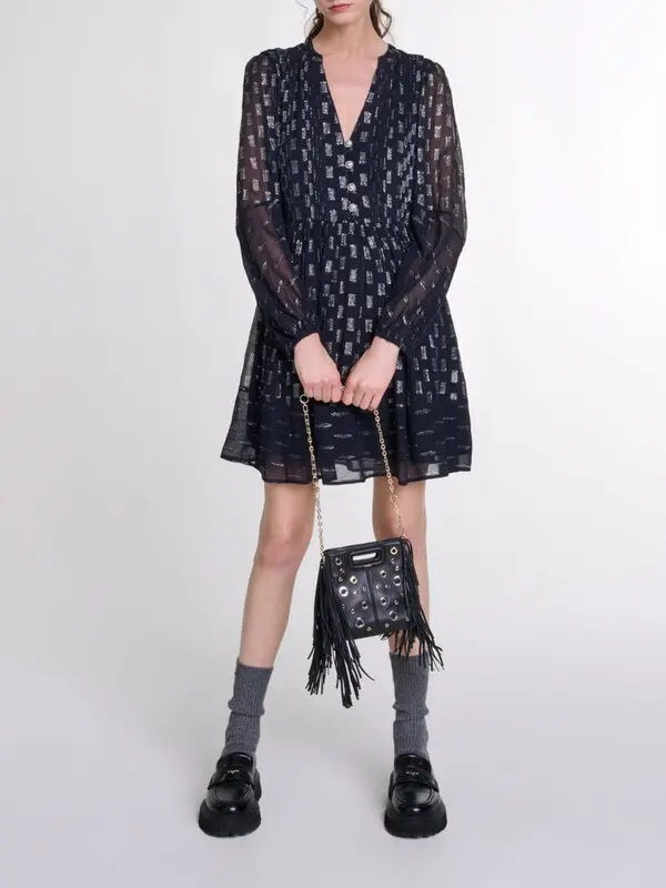 Maje Viscose Pleated Floral Dress - Navy