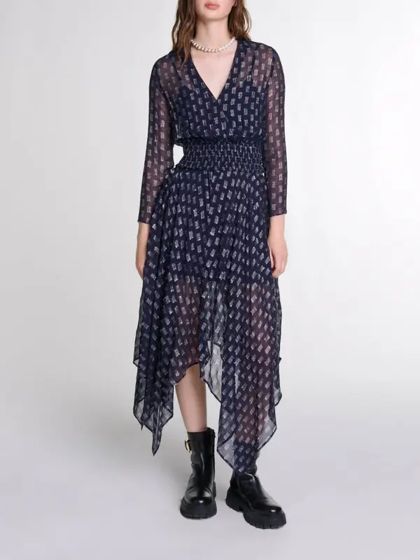 Maje Viscose Asymmetrical Floral Maxi Dress - Navy