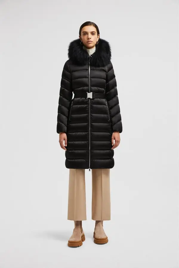 Moncler Leersie Hooded Shearling Long Down Jacket - Black