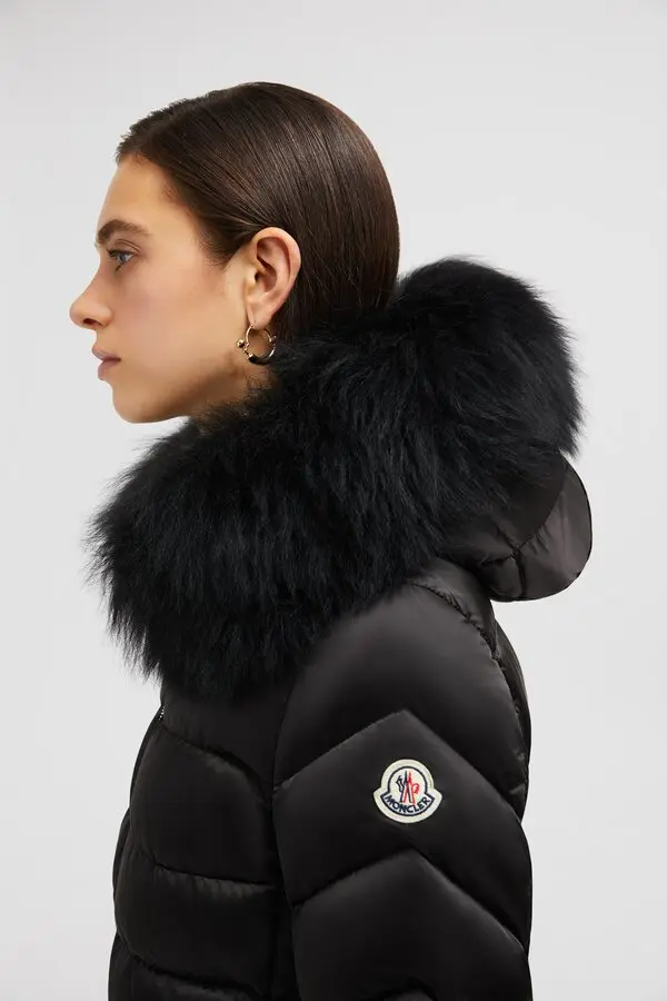Moncler Leersie Hooded Shearling Long Down Jacket - Black