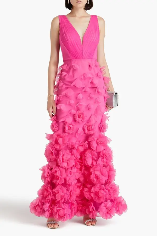 Marchesa AppliquéD Pintucked Organza Gown In Pink 50% Off