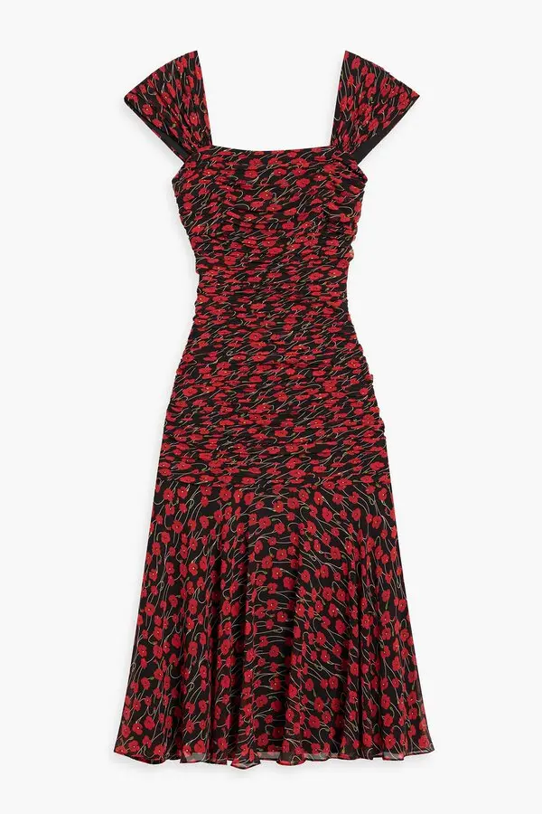 mikael aghal red dress Mikael Aghal Ruched Floral-Print Chiffon Midi Dress In Red - 75% Off