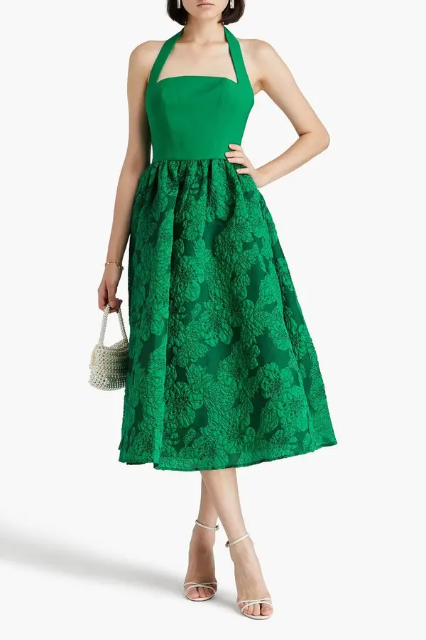 Marchesa Cloqu And Crepe Halterneck Midi Dress In Green - 70% Off |  Editorialist