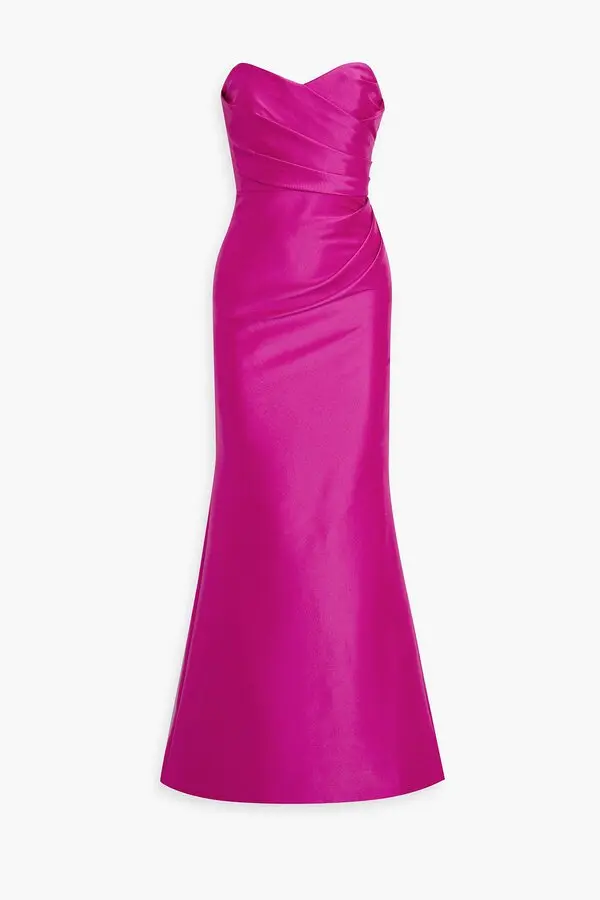 evening dress in shocking pink faille Zapaka Women Hot Pink Glitter Metallic Prom Dress with Slit A-Line Spaghetti Straps Pleated Long Evening Dress, Fuchsia / US14