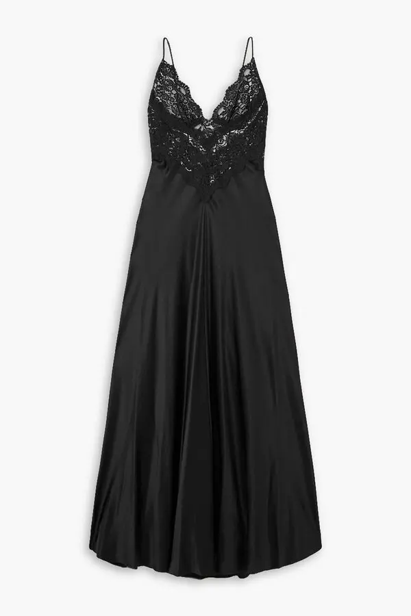 chinese dress ladies Black Silk Satin Bias Dress With Gathered Bust And Black Lace Detail