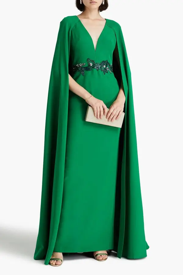 Marchesa Cape-effect Embellished Crepe Gown - Green