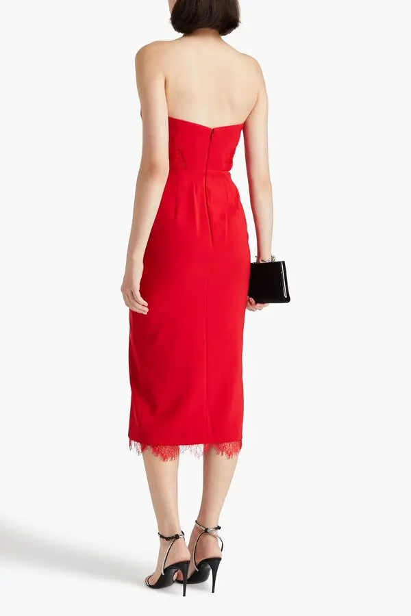 Buy Marchesa Strapless Lace-trimmed Pleated Crepe Midi Dress - Red At 54%  Off | Editorialist