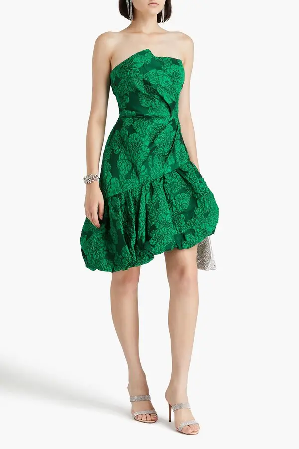 Marchesa Strapless Draped Cloqué Mini Dress