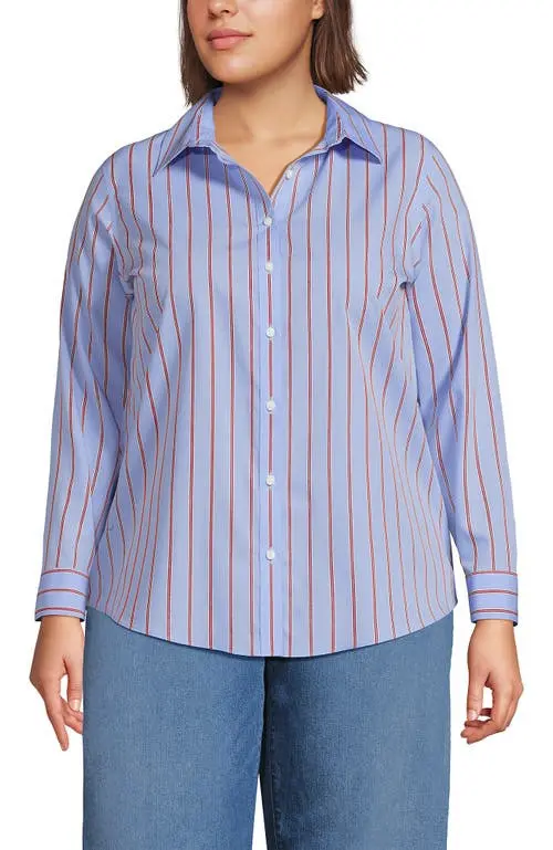 LANDS' END No Iron Supima Cotton Long Sleeve Shirt - Light Sea Blue Rail Stripe
