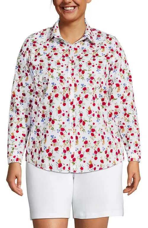 LANDS' END No Iron Supima Cotton Long Sleeve Shirt - White Multi Poppy Floral