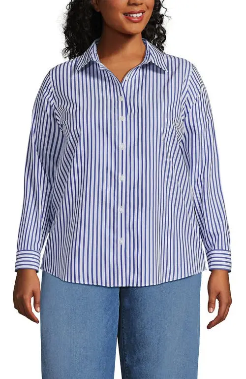 LANDS' END No Iron Supima Cotton Long Sleeve Shirt - White/cobalt Blue Stripe