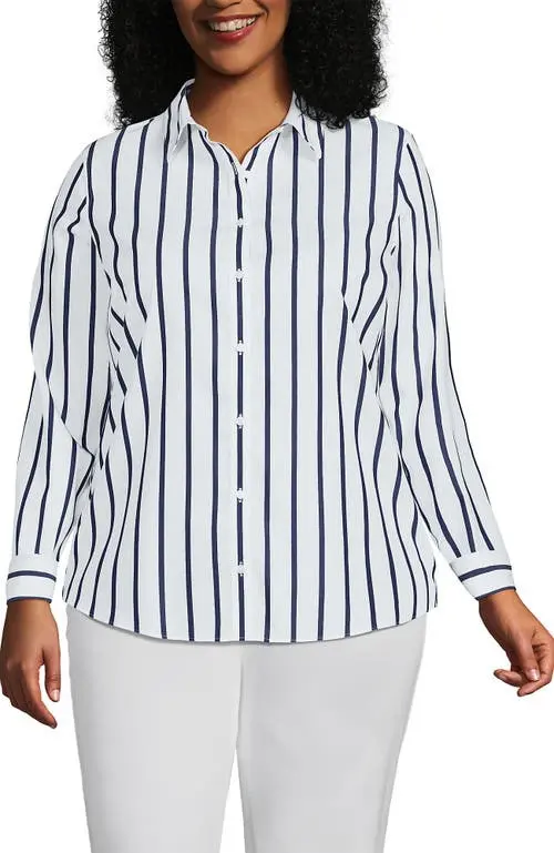 LANDS' END No Iron Supima Cotton Long Sleeve Shirt - White/navy Classic Stripe