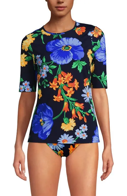 LANDS' END Relaxed Fit Upf 50 Rash Guard - Navy/exploded Poppy Floral