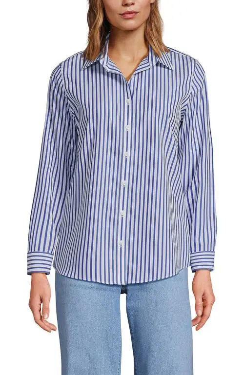 LANDS' END No Iron Supima Cotton Long Sleeve Shirt - White/cobalt Blue Stripe