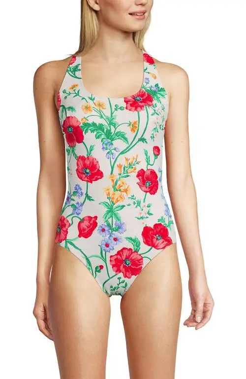 LANDS' END Chlorine Resistant Scoop Neck X-back One Piece Swimsuit - Egret/poppy Floral