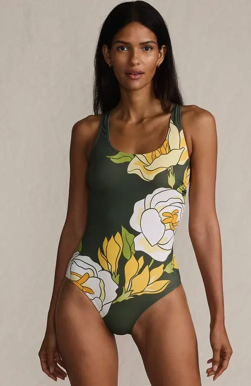 LANDS' END Chlorine Resistant Scoop Neck X-back One Piece Swimsuit - Green Poetic Floral Placements