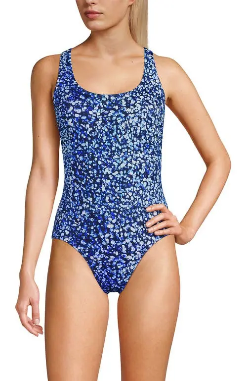 LANDS' END Chlorine Resistant Scoop Neck X-back One Piece Swimsuit - Navy/turquoise Mosaic Dot