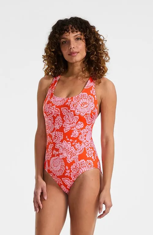 LANDS' END Chlorine Resistant Scoop Neck X-back One Piece Swimsuit - Radiant Orange Floral Medley