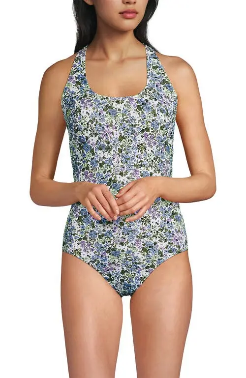 LANDS' END Chlorine Resistant Scoop Neck X-back One Piece Swimsuit - White/lilac Multi Ditsy Floral