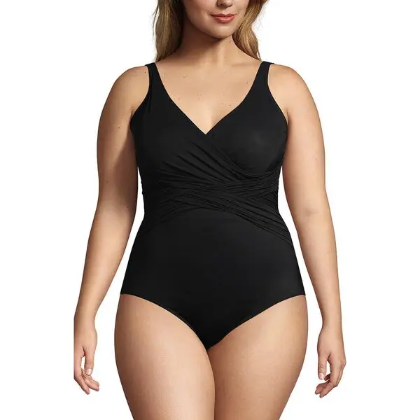LANDS' END D-cup Slender Tummy Control V-neck Wrap One Piece Swimsuit - Black