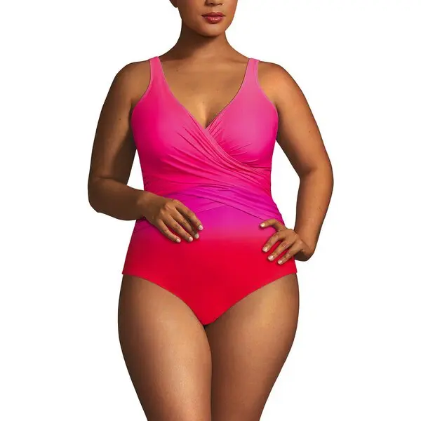 LANDS' END D-cup Slender Tummy Control V-neck Wrap One Piece Swimsuit - Pink Multi Ombre