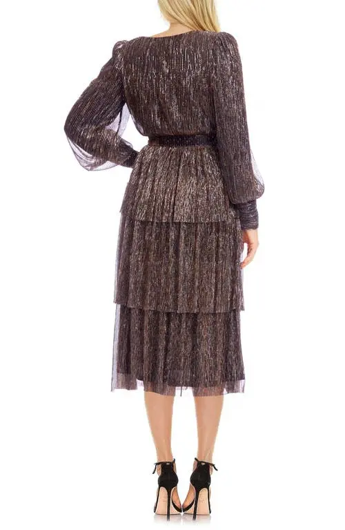 metallic long sleeve tiered cocktail midi dress jewel badgley mischka Badgley Mischka Metallic Stripe Tiered Cocktail Dress In Copper - 52% Off