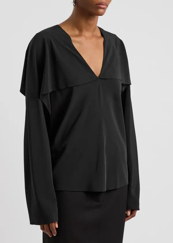 Helmut Lang Silk Crepe De Chine Cape Effect Blouse - Black