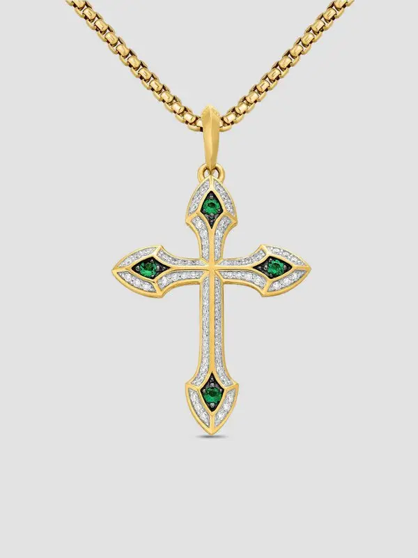 David Yurman Gothic Cross Amulet In 18k Yellow Gold - Emerald