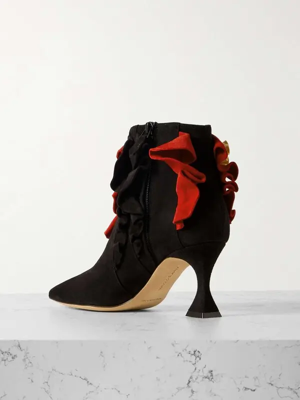 Manolo Blahnik Pompa 70 Ruffled Suede Ankle Boots