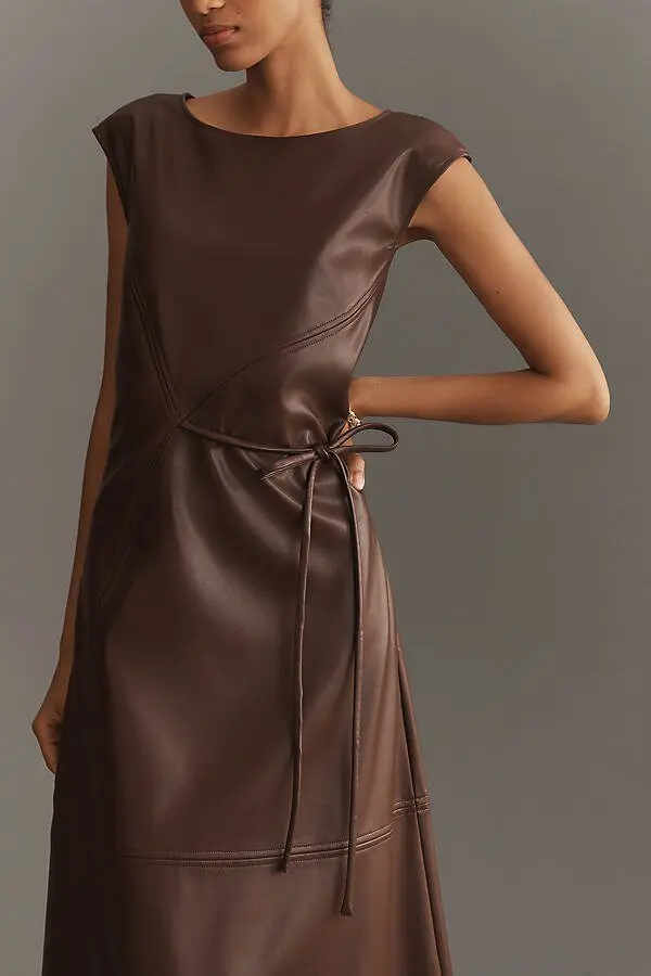 Maeve Sleeveless Faux-Leather Wrap Midi Dress In Brown - 47% Off |  Editorialist