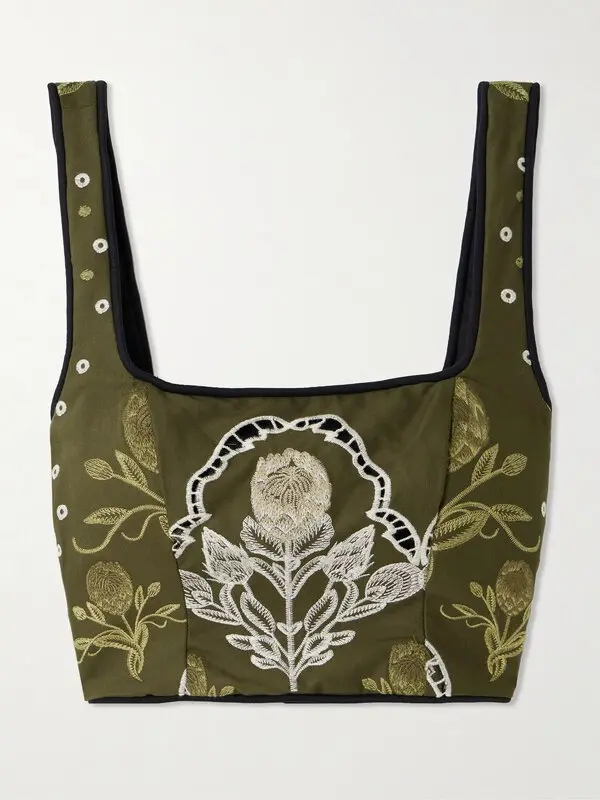 Agua Bendita Amanda Relato Cropped Embroidered Bustier Top - Green