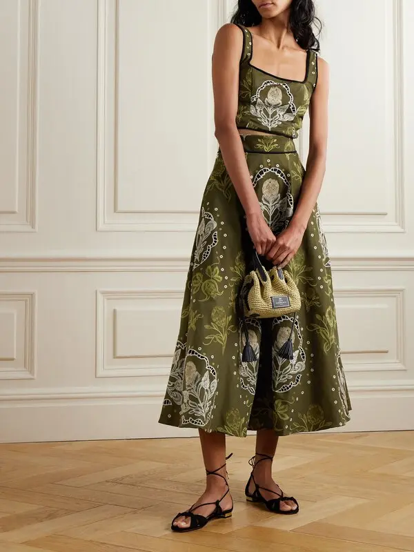 Agua Bendita Amanda Relato Cropped Embroidered Bustier Top - Green
