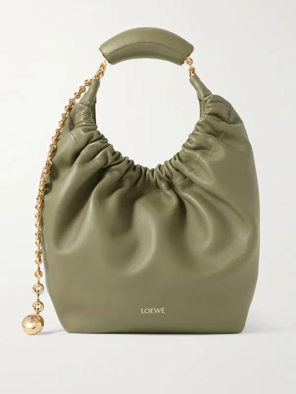 Loewe Squeeze Chain-Embellished Gathered Leather Tote In Green