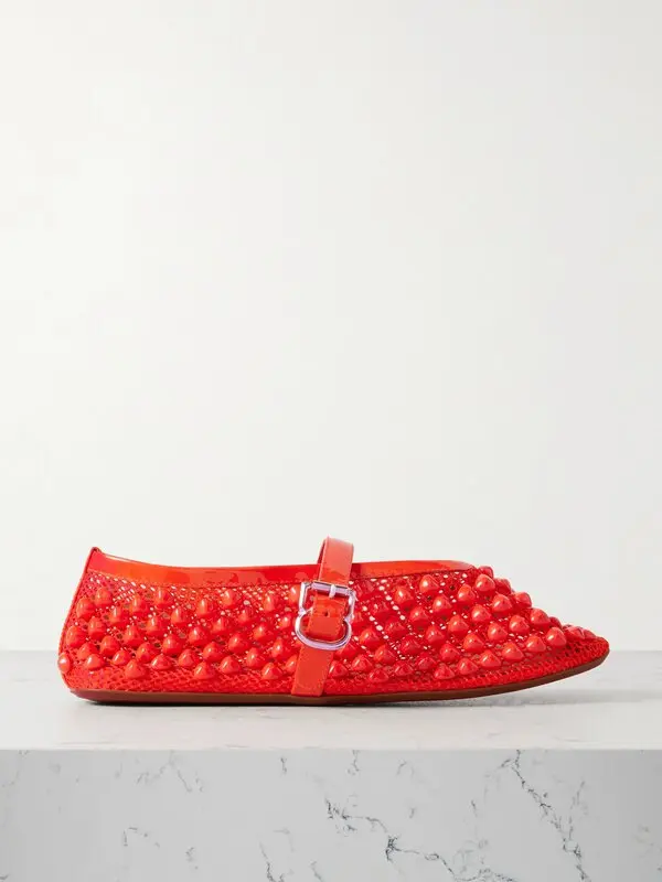 AZZEDINE ALAIA Patent Leather-trimmed Studded Mesh Ballet Flats