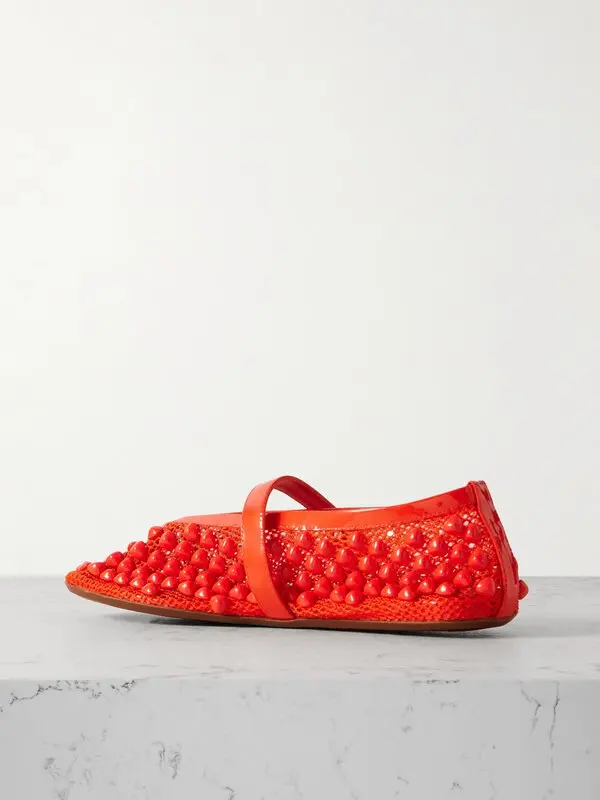 AZZEDINE ALAIA Patent Leather-trimmed Studded Mesh Ballet Flats