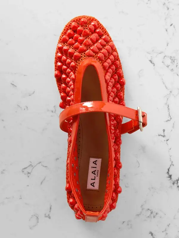 AZZEDINE ALAIA Patent Leather-trimmed Studded Mesh Ballet Flats
