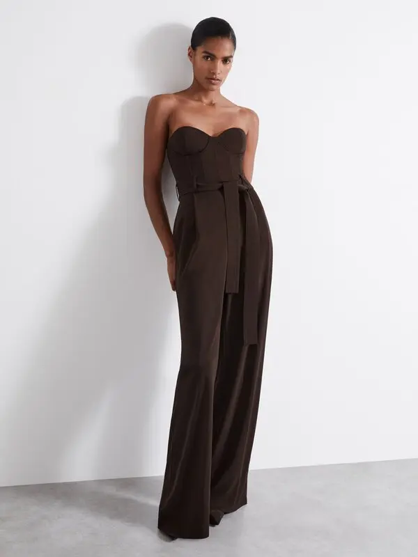 REISS Estel Atelier Strapless Crepe Bustier Jumpsuit - Chocolate