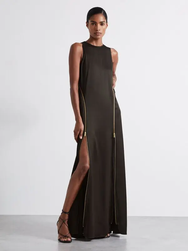 Reiss Leanna Atelier Zipped Satin Maxi Dress With Virgin Wool In Chocolate  - 34% Off | Editorialist