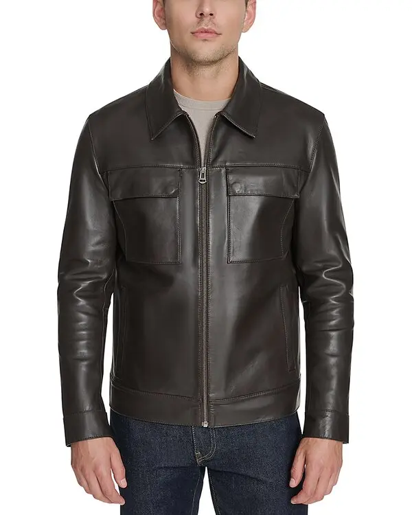 Cole Haan Zip Front Leather Jacket - Dark Brown