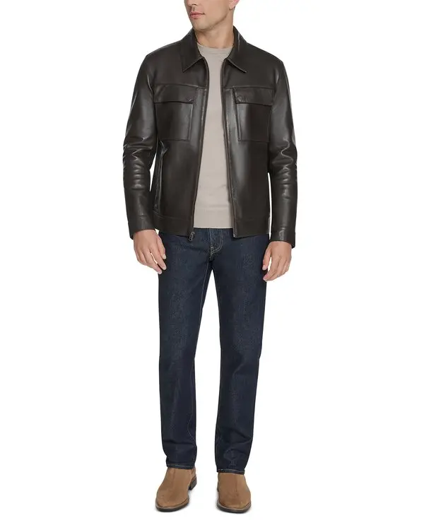 Cole Haan Zip Front Leather Jacket - Dark Brown