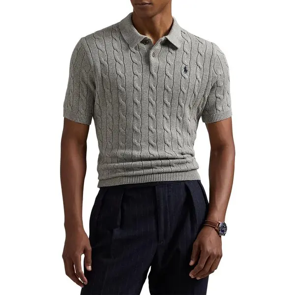 Ralph Lauren Roving Cotton Cable Knit Polo Sweater In Fawn Grey